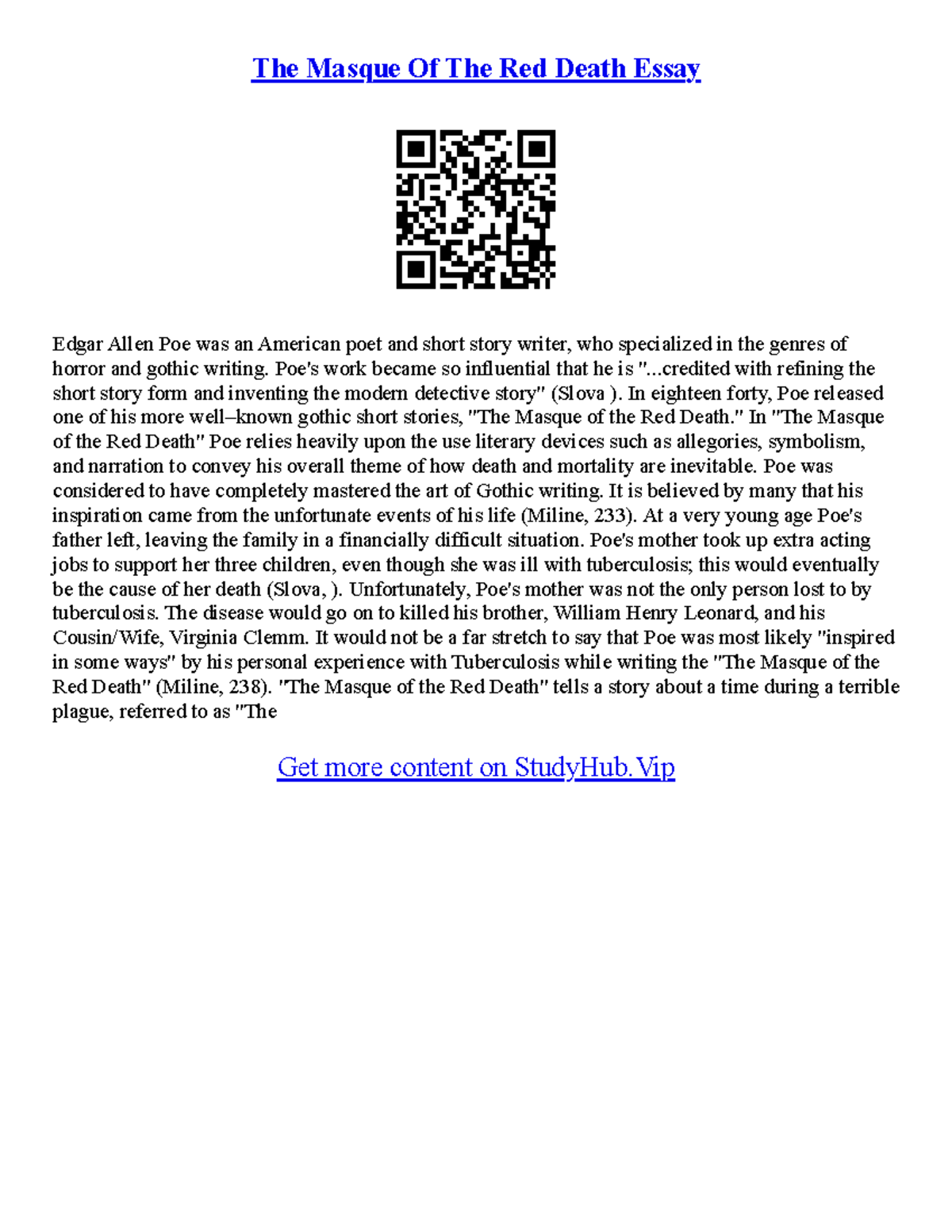 The Masque Of The Red Death Essay - Poe's work became so influential ...