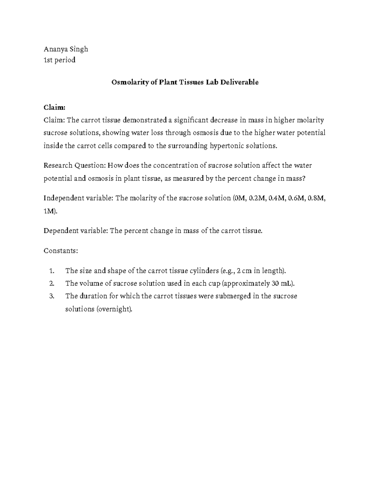 Osmolarity of Plant Tissues Lab Report (Biology 101) - Studocu