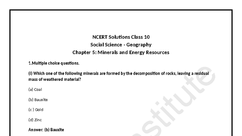 NCERT Solutions Class 10 Geography Chapter 5: Minerals & Energy Resources MCQs - Studocu