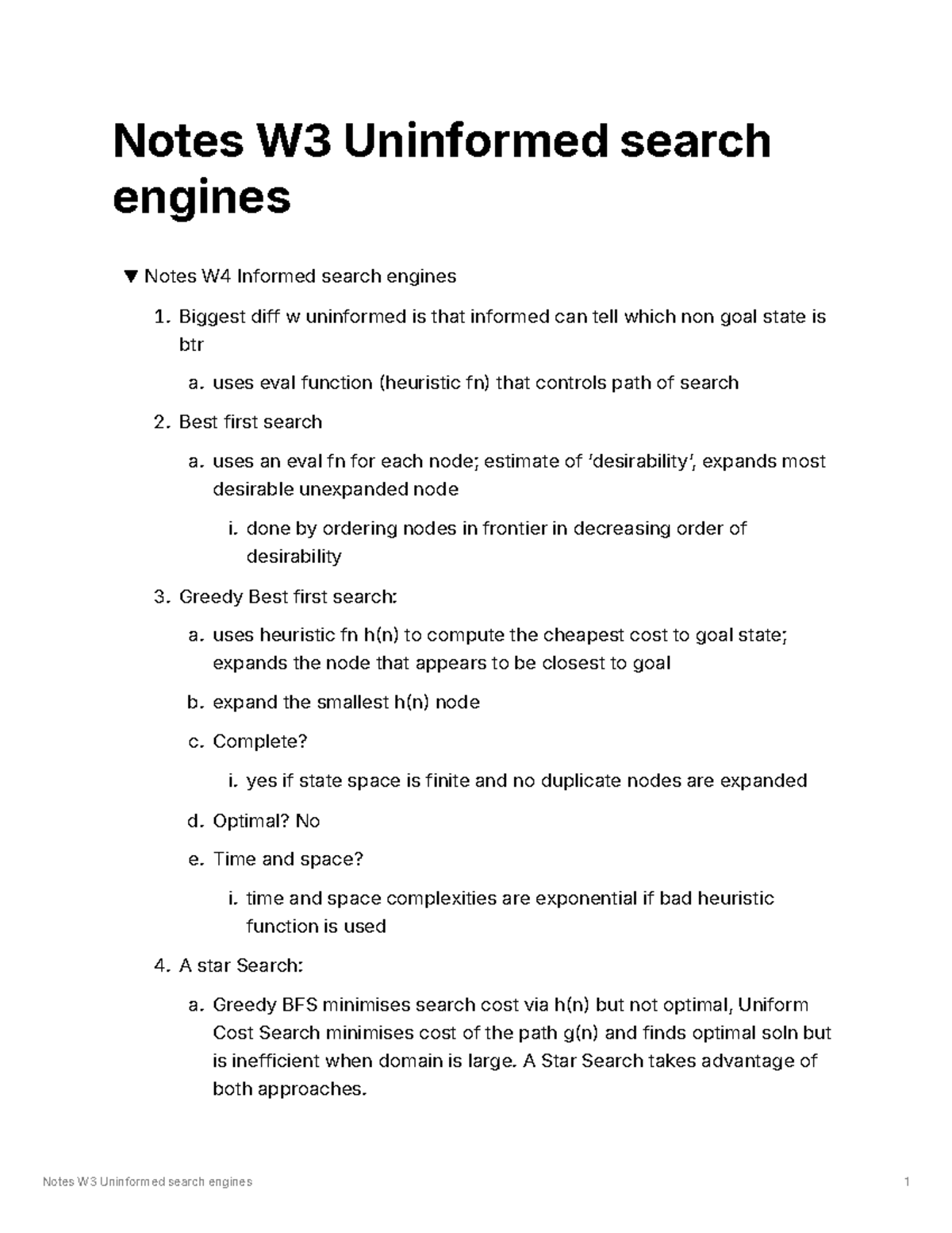 IT1244 Notes: Uninformed & Informed Search Engines Overview - Studocu