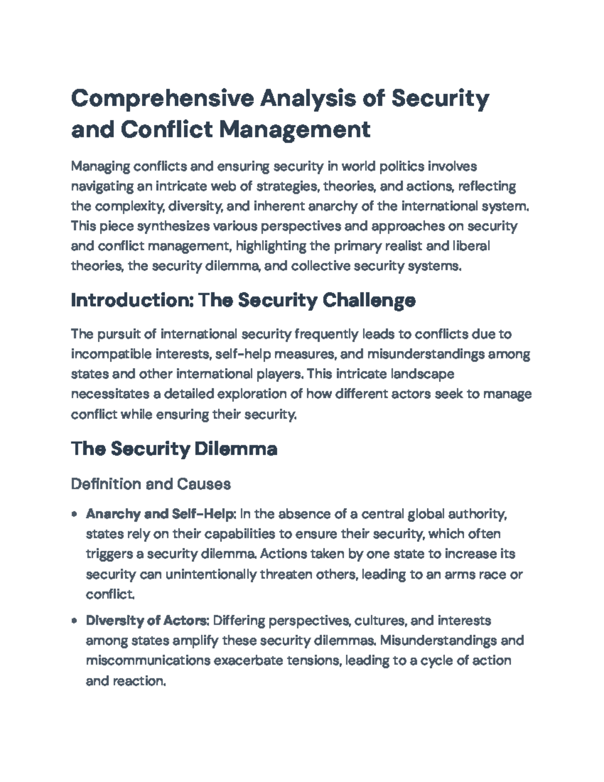 Comprehensive Analysis of Security and Conflict Management (PSC 101 ...