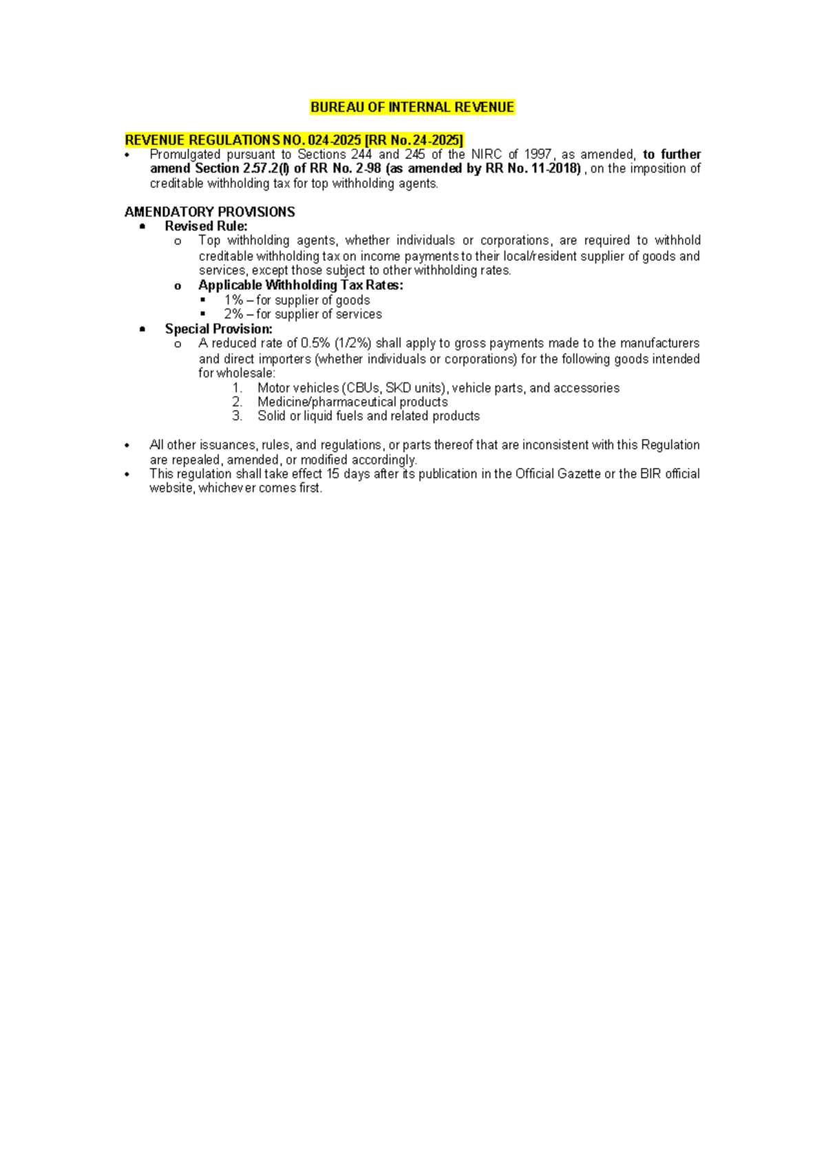Revenue Regulations No. 024-2025: Amendments on Withholding Tax - Studocu