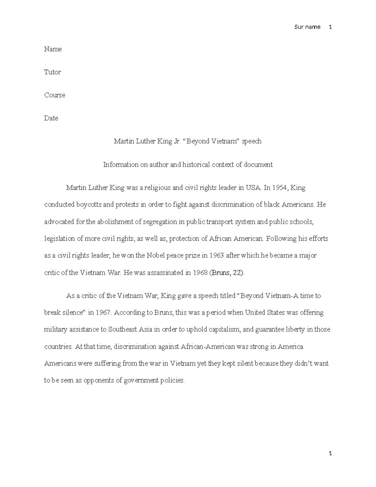 Martin Luther King Jr Beyond Vietnam speech - Name Tutor Course Date ...