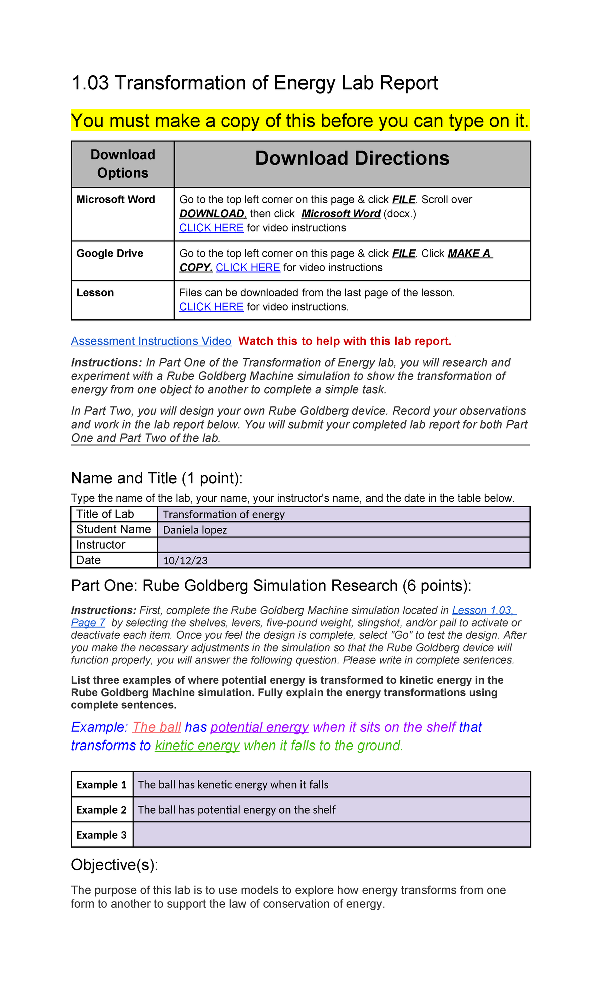 1.03 Lab Report: Exploring Energy Transformation through Rube Goldberg ...