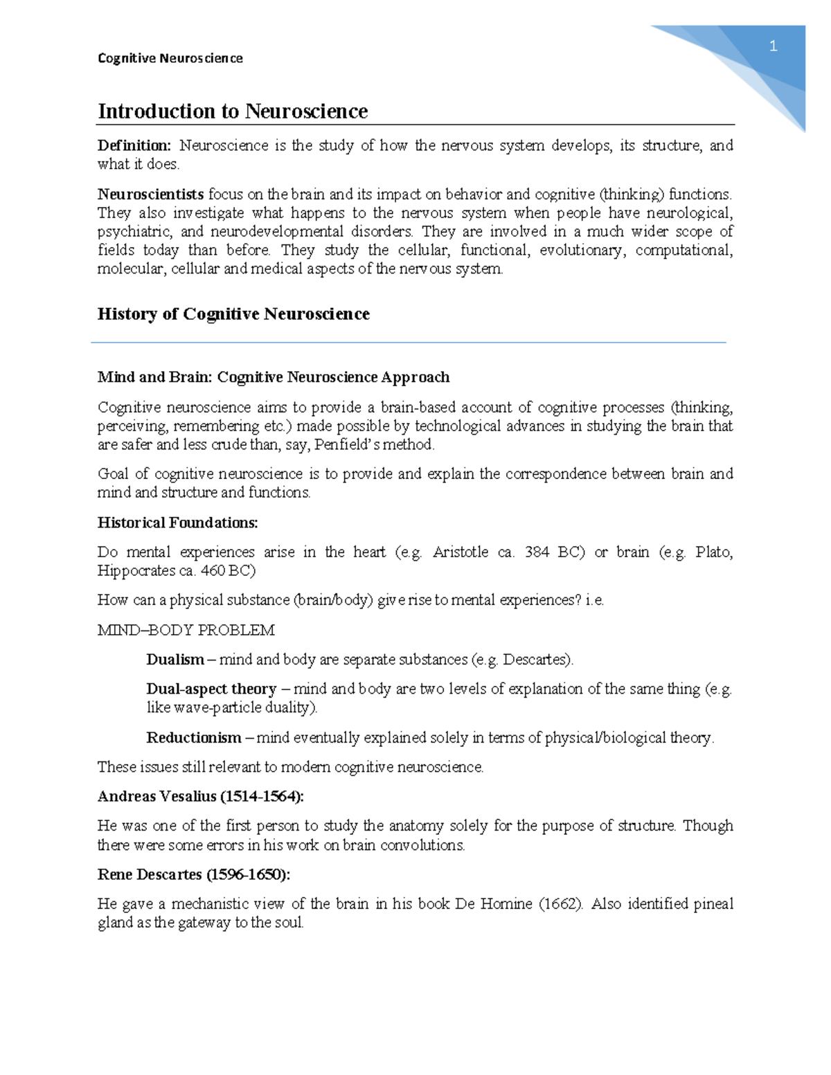 Brain Complete Notes - Cognitive Neuroscience Introduction to ...
