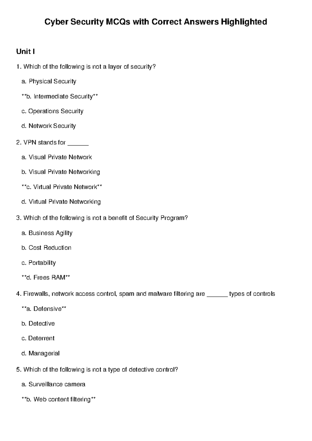 Cyber Security MCQs with Answers Highlighted (Units I-II) - Studocu
