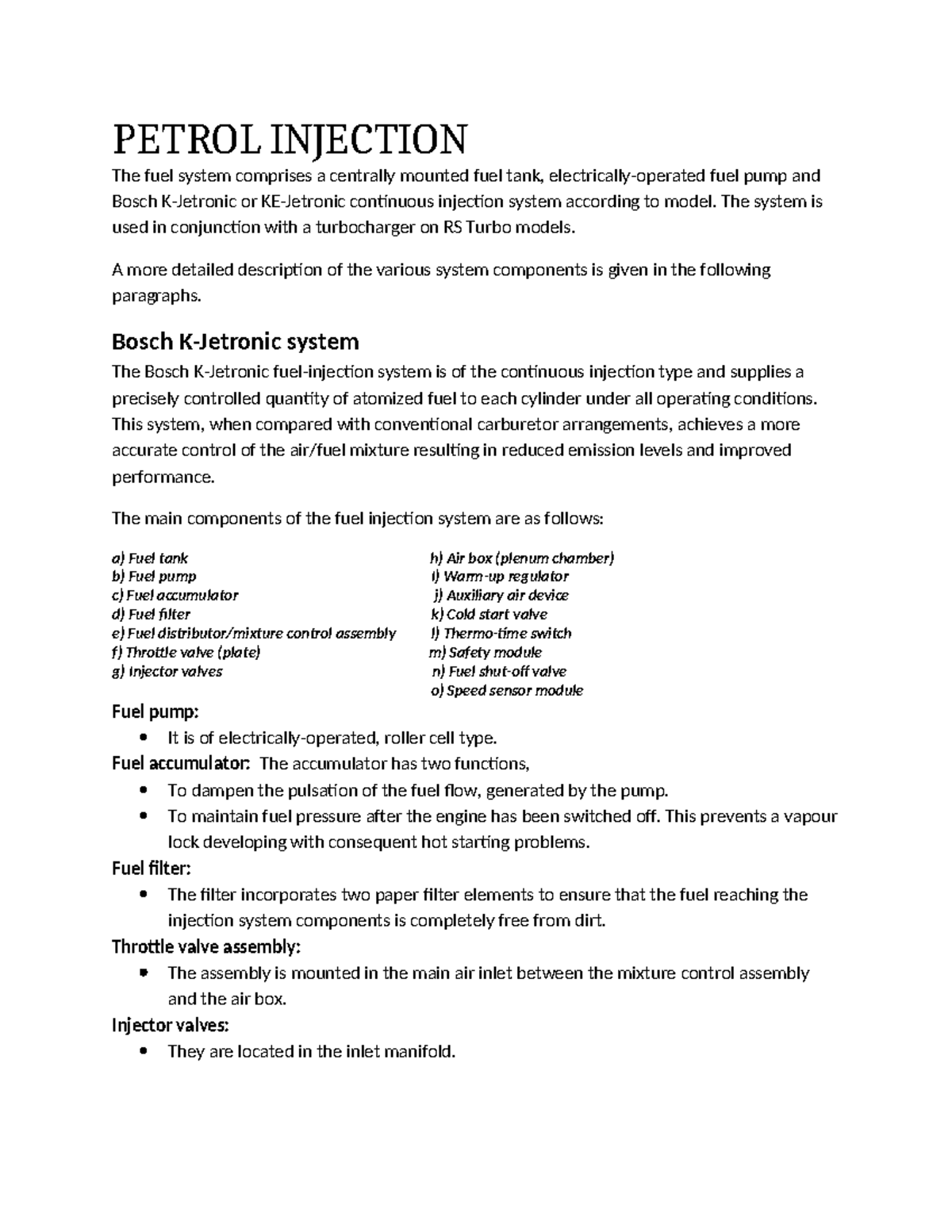 K and KE Jetronic Fuel Injection System Overview: Key Components - Studocu