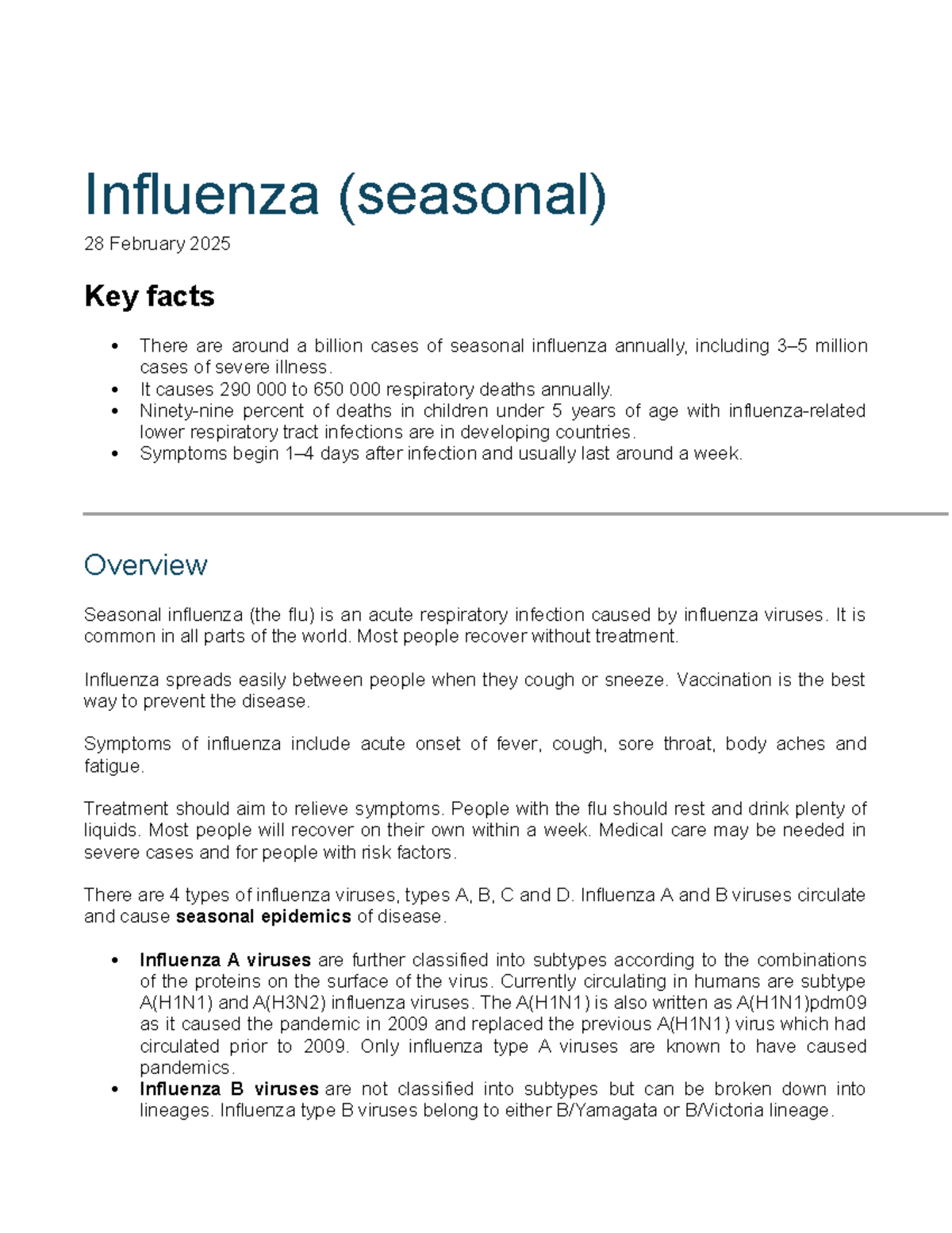 Influenza (Seasonal) Overview and Key Facts - 28 Feb 2025 - Studocu