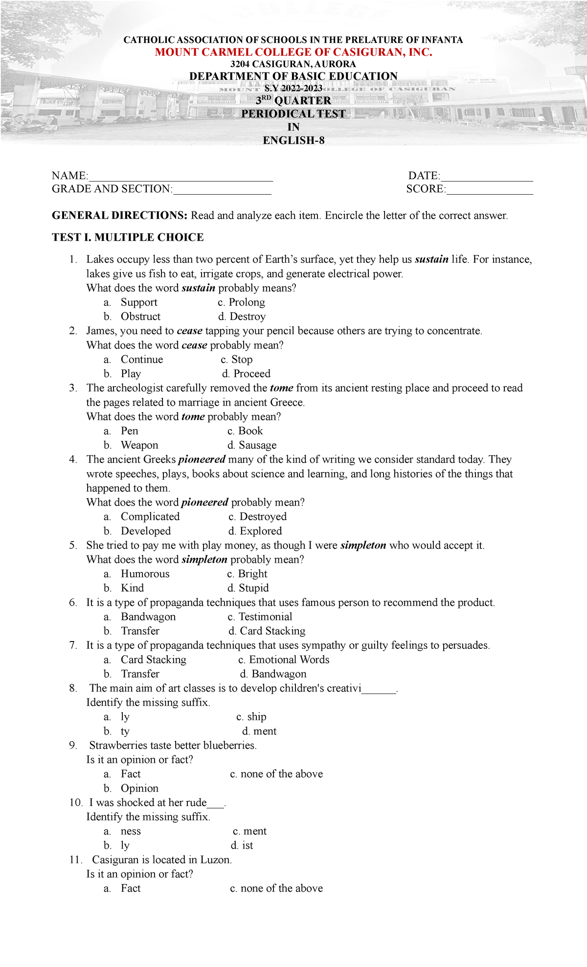 Grade 12 GAS Periodical Test in Creative Nonfiction - 3rd Quarter - Studocu