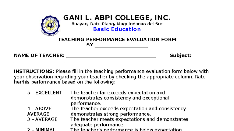 Teaching Performance Evaluation Form - Basic Education - Studocu
