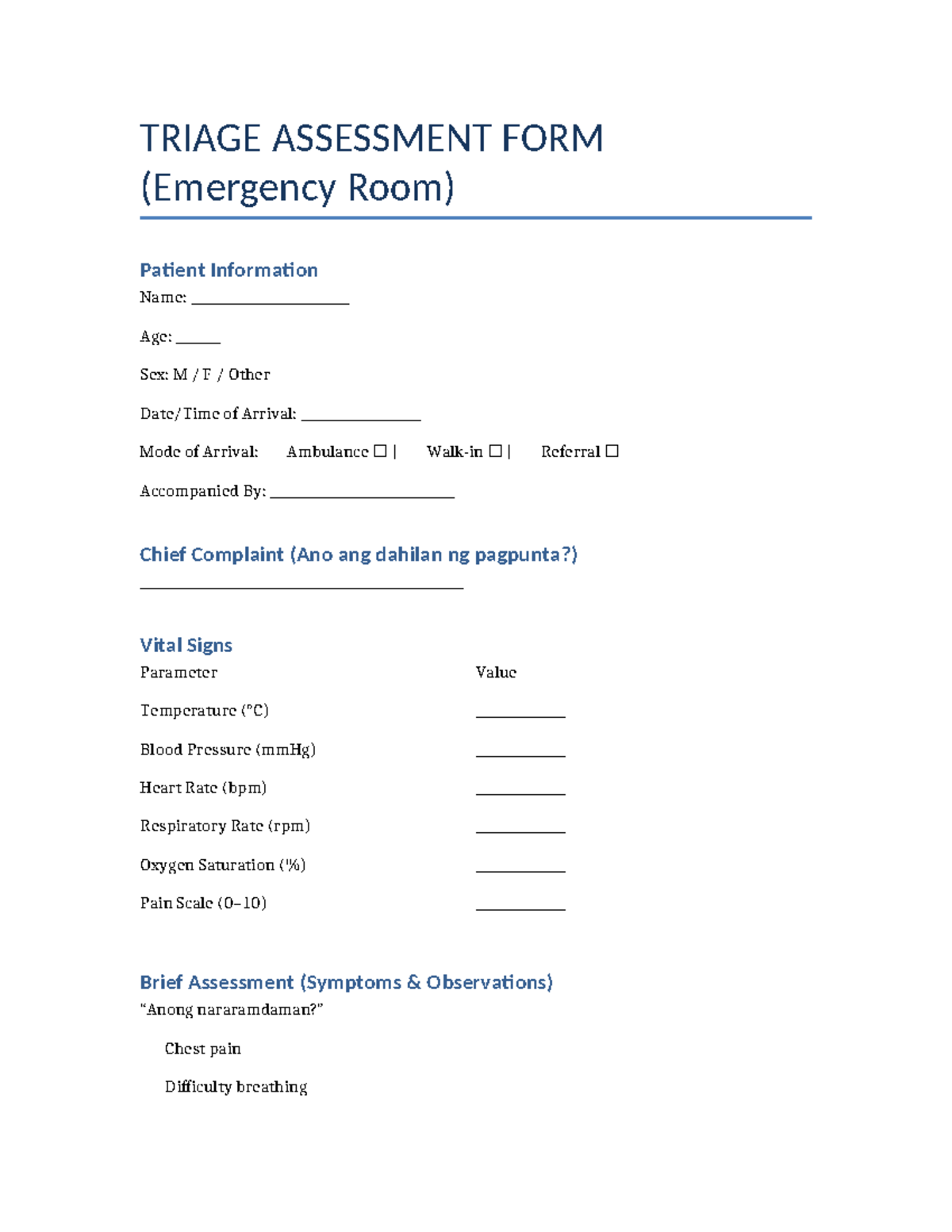 TRIAGE ASSESSMENT FORM (ER) - Patient Info & Vital Signs - Studocu