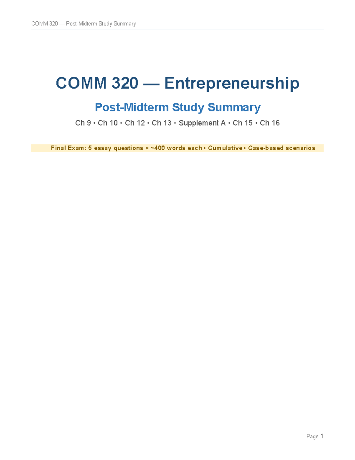 COMM 320 Final Exam Study Summary: Key Concepts from Chapters 9-16 ...