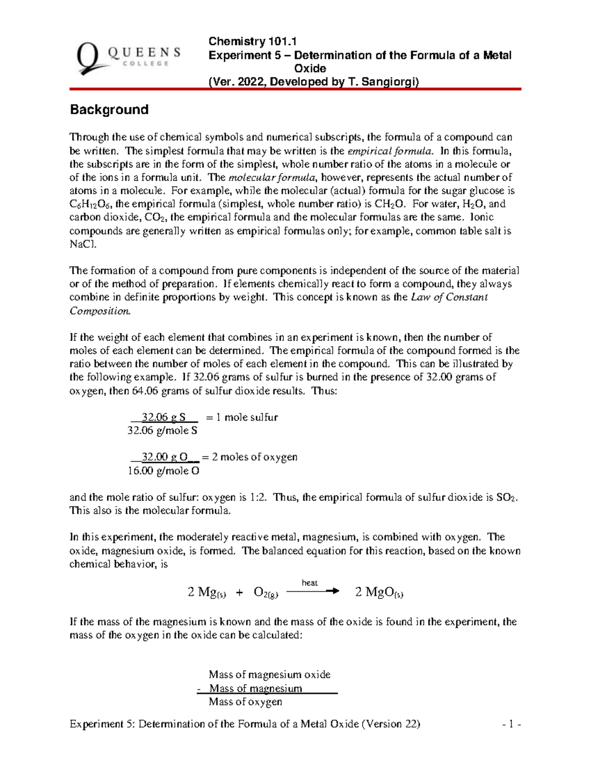 Chemistry 101.1 Lab 5: Determining Metal Oxide Formula (2022) - Studocu