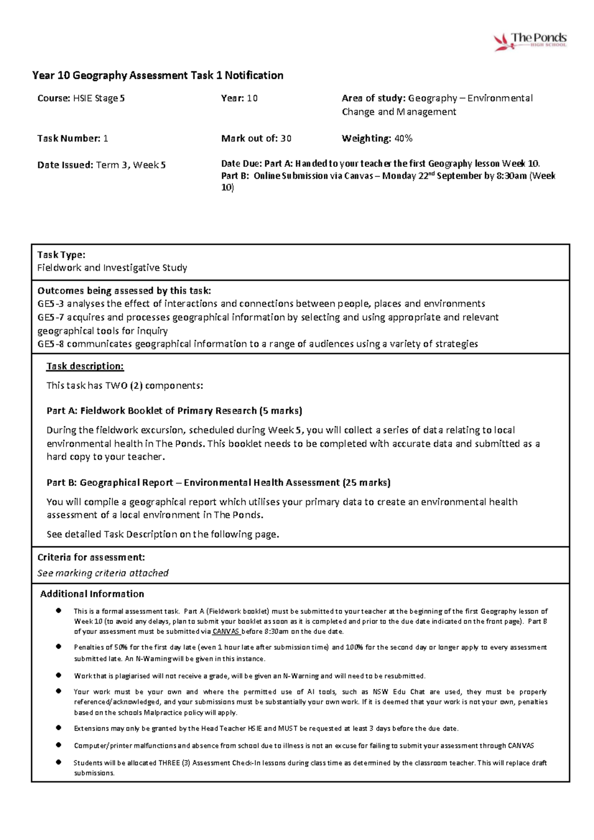 AT1 Year 10 Geography Fieldwork: Environmental Health Study - Studocu