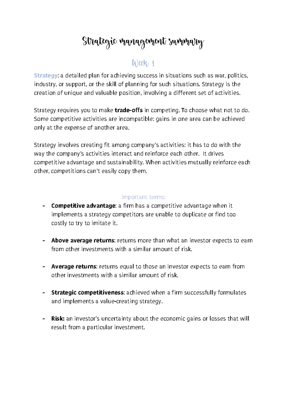 Strategic Management Summary (Course Code: SV) - Key Concepts Explained ...