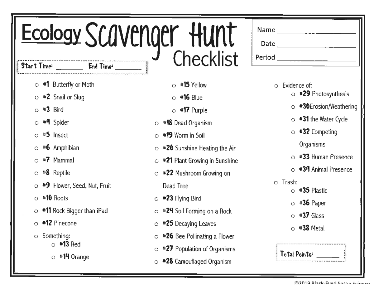 Ecology Scavenger Hunt Activity: Exploring Organisms & Ecosystems - Studocu