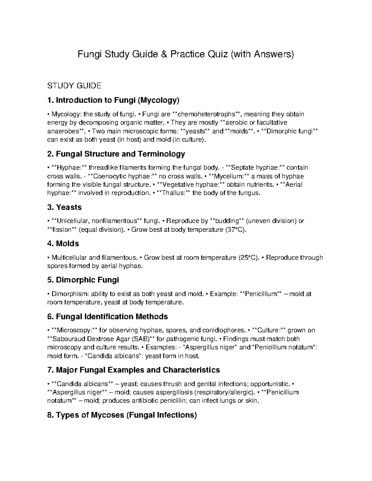Fungi Study Guide & Practice Quiz (with Answers) - Mycology 101 - Studocu