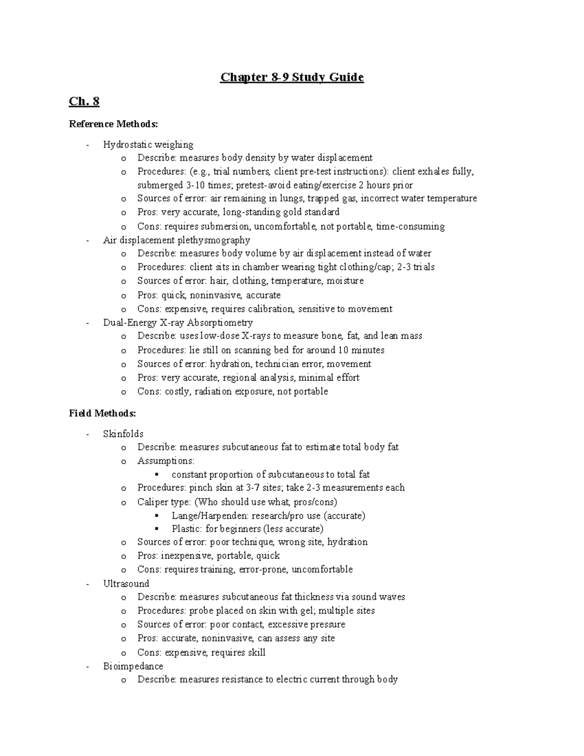 Chapter 8-9 Study Guide: Body Composition & Exercise Prescription - Studocu