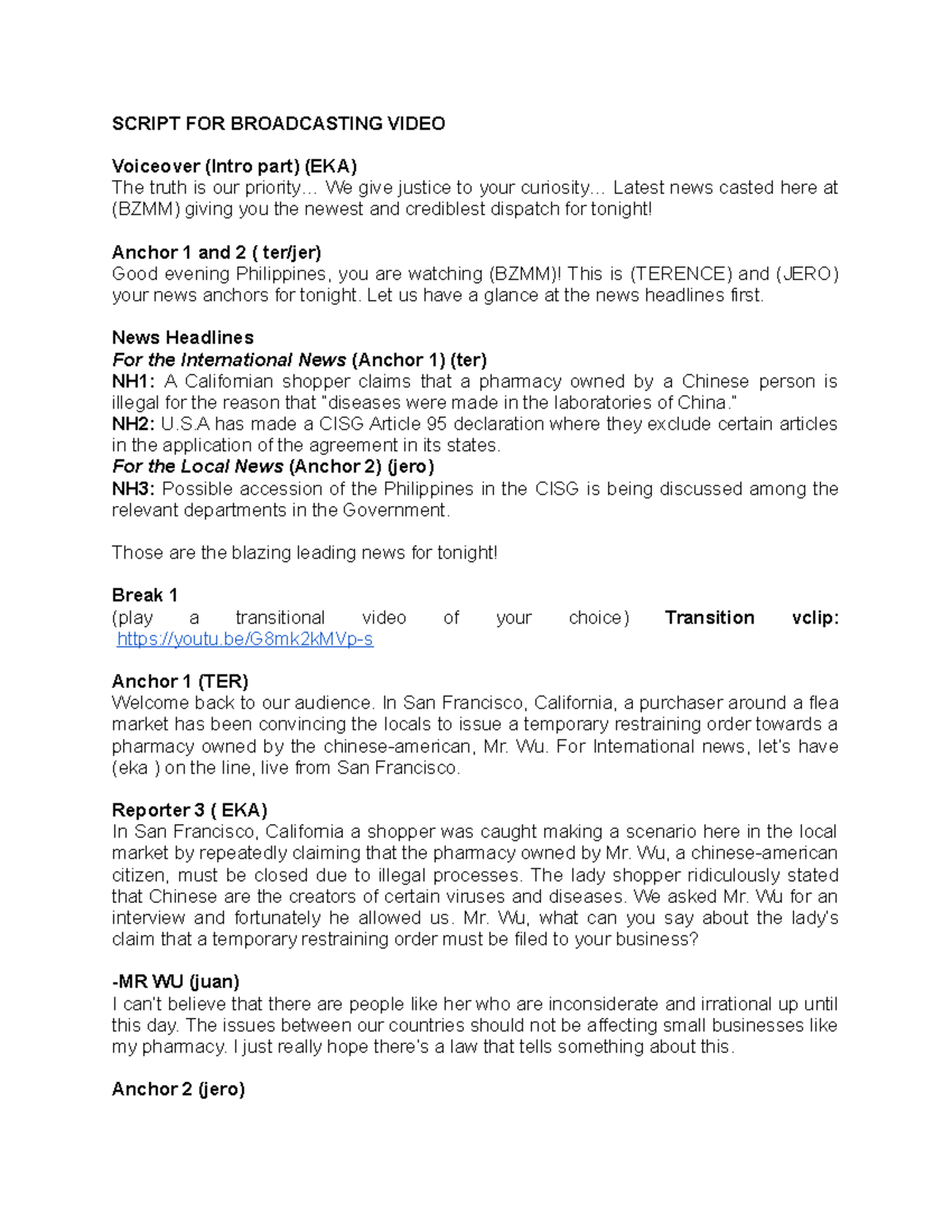 Broadcast Script for BZMM News - Latest Updates & Reports - Studocu