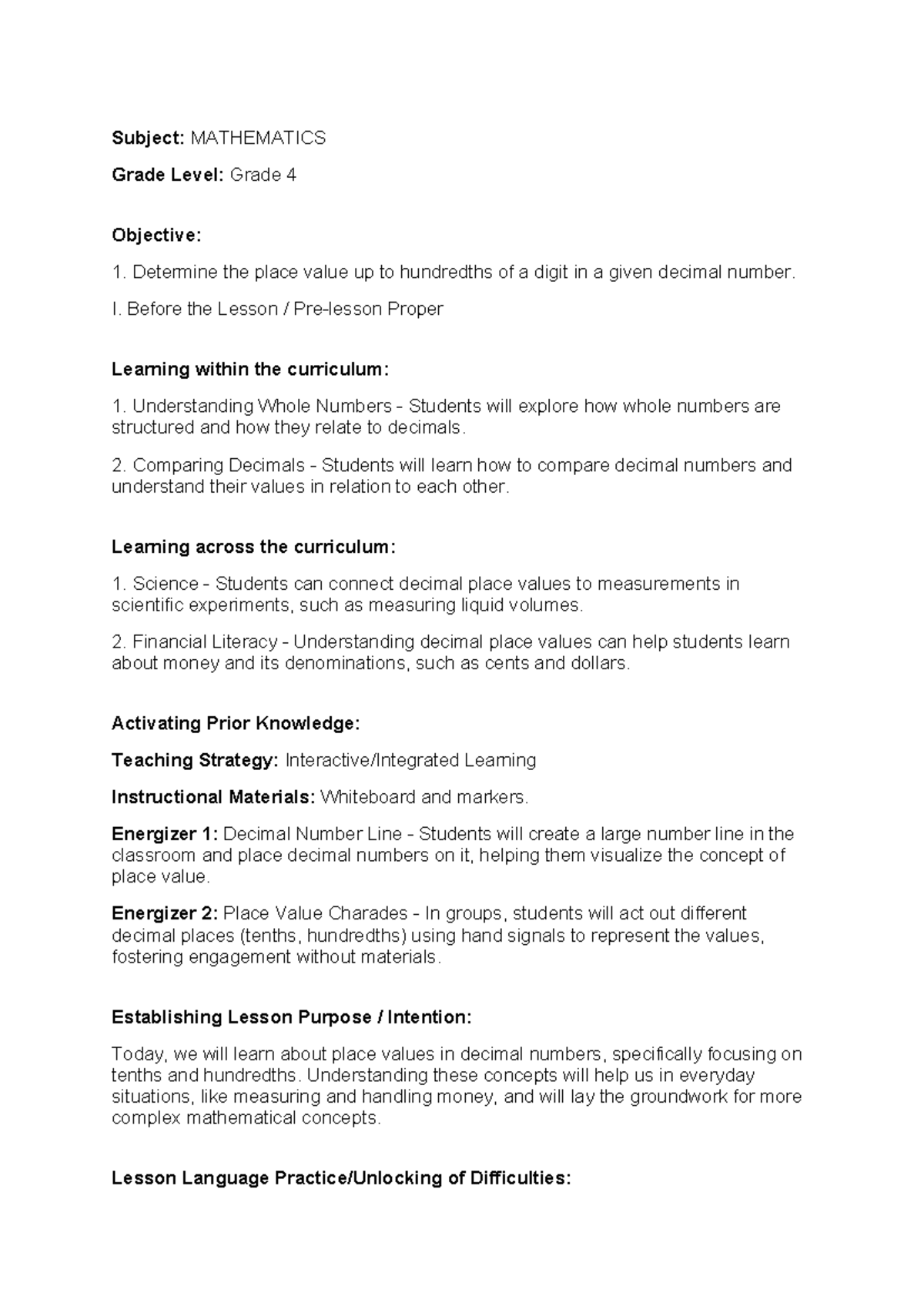Grade 4 Math Lesson Plan: Understanding Decimal Place Values - Studocu