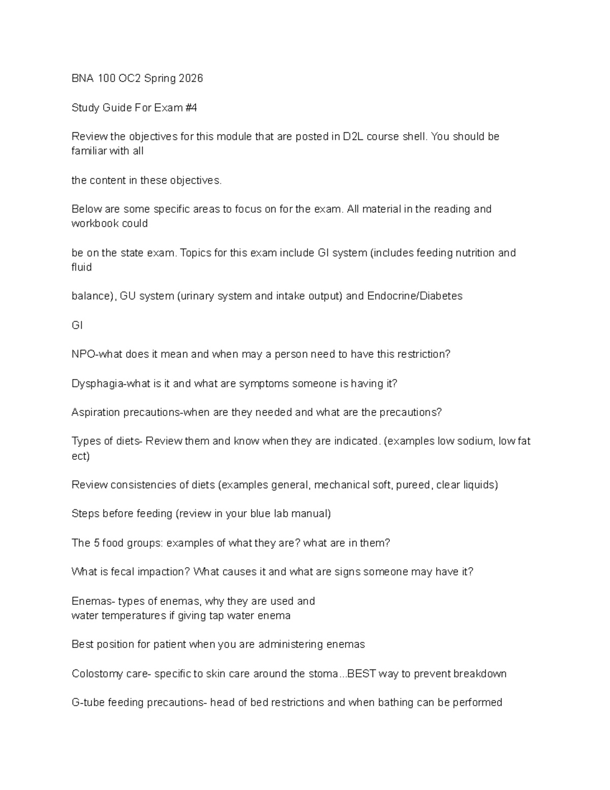 BNA 100 OC2 Spring 2026 Study Guide for Exam #4 - Studocu