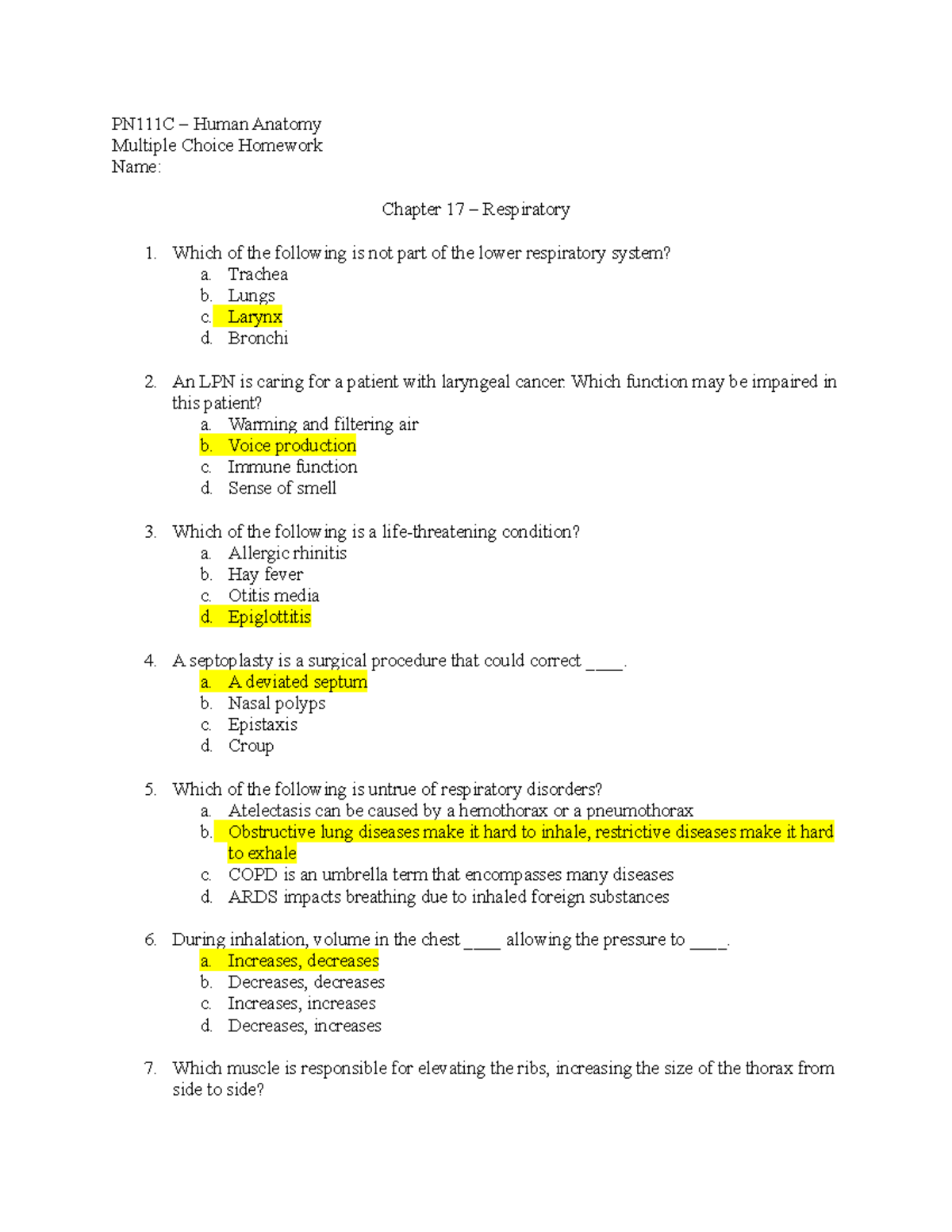Chapter 17 Respiratory MC Homework - Human Anatomy - Studocu