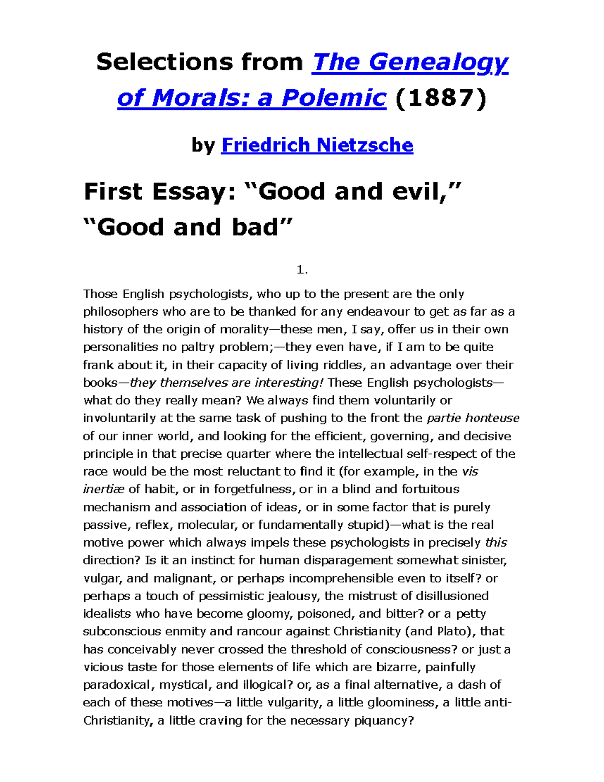 Selections from The Genealogy of Morals: Nietzsche's First Essay ...