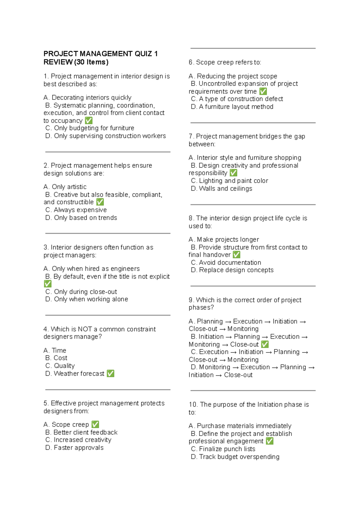 PROJECT MANAGEMENT QUIZ 1 REVIEW: Key Concepts & Questions - Studocu