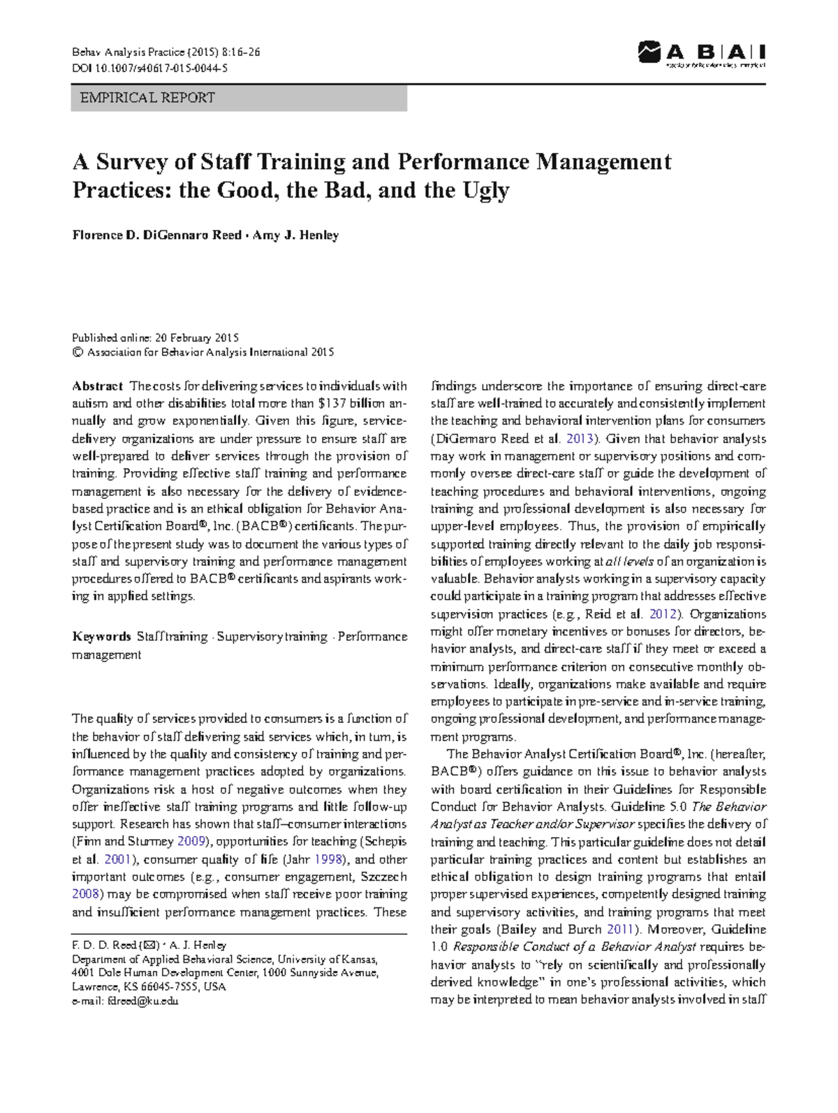 A Survey of Staff Training & Performance Mgmt Practices (BACB®) - Studocu
