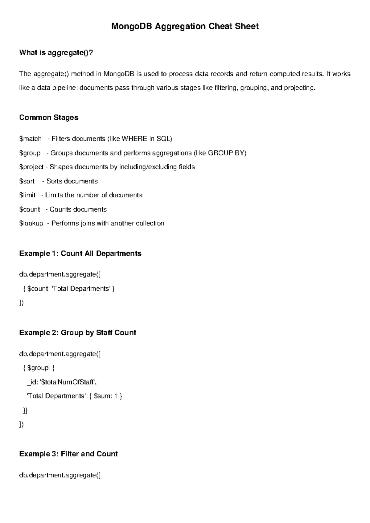 Mongo DB Aggregation Cheat Sheet - MongoDB Aggregation Cheat Sheet What is aggregate()? The ...