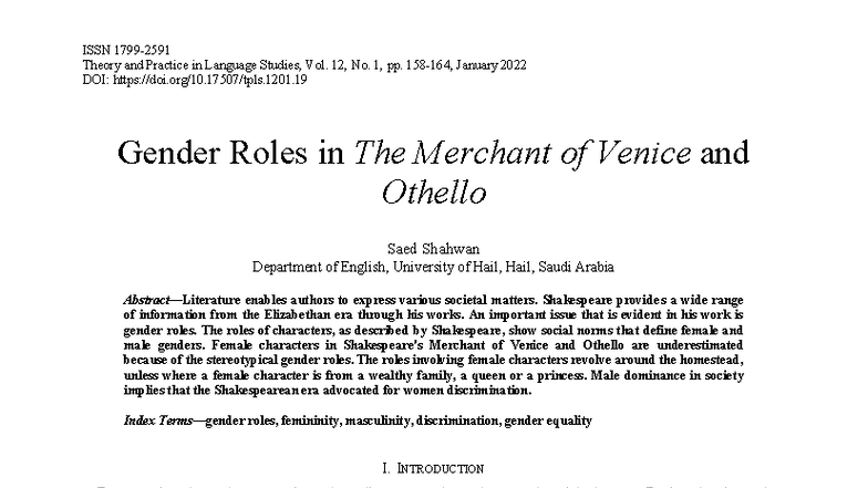 Gender Roles and Feminism in Shakespeare's Merchant of Venice and ...