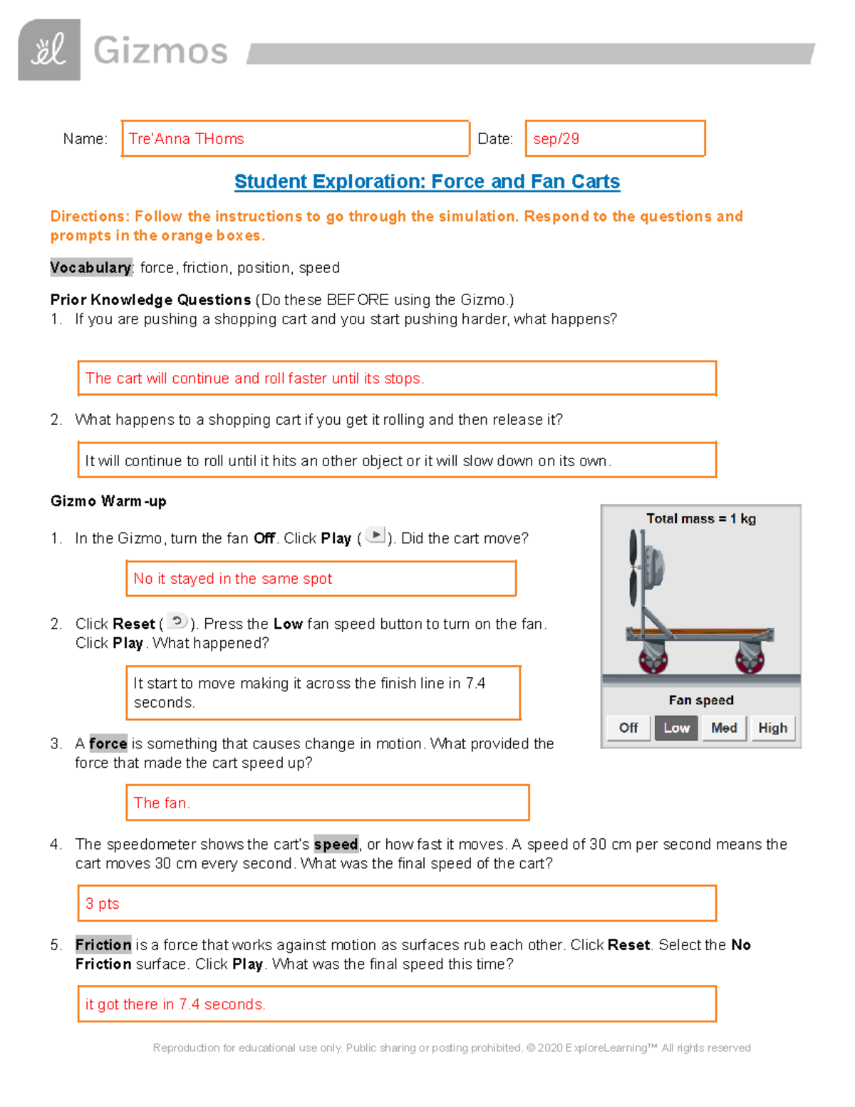 Student Worksheet: Phy Sci-M2L3 Force & Fan Carts Activity Guide - Studocu