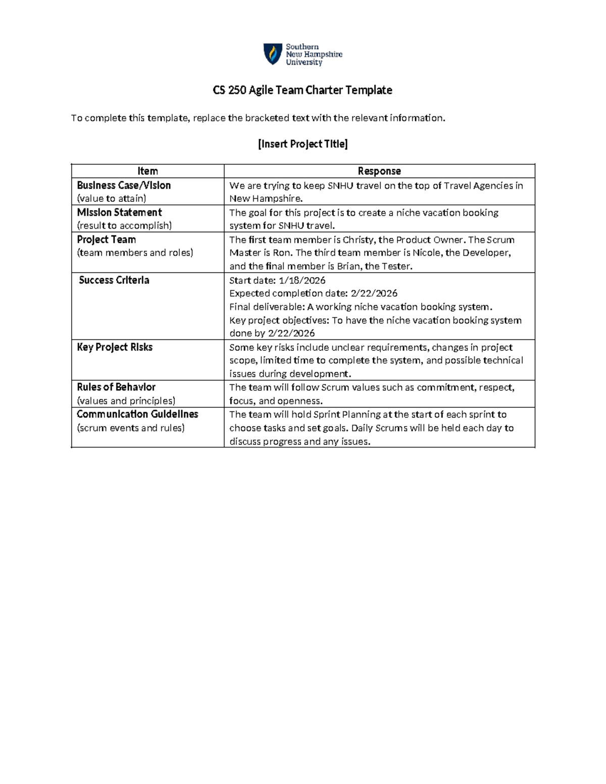 CS 250 Agile Team Charter Template for Niche Vacation Booking System ...