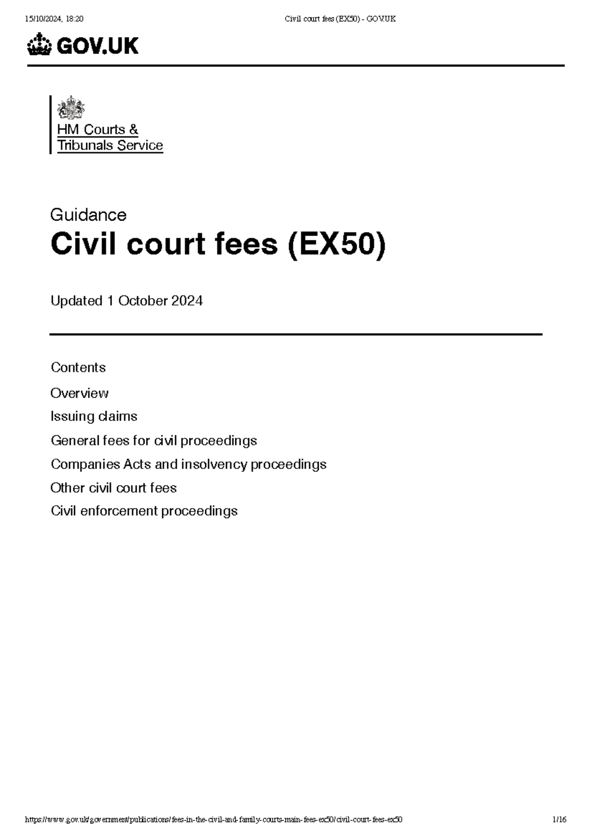 Civil Court Fees Guide (EX50) - Updated October 2024 - Studocu