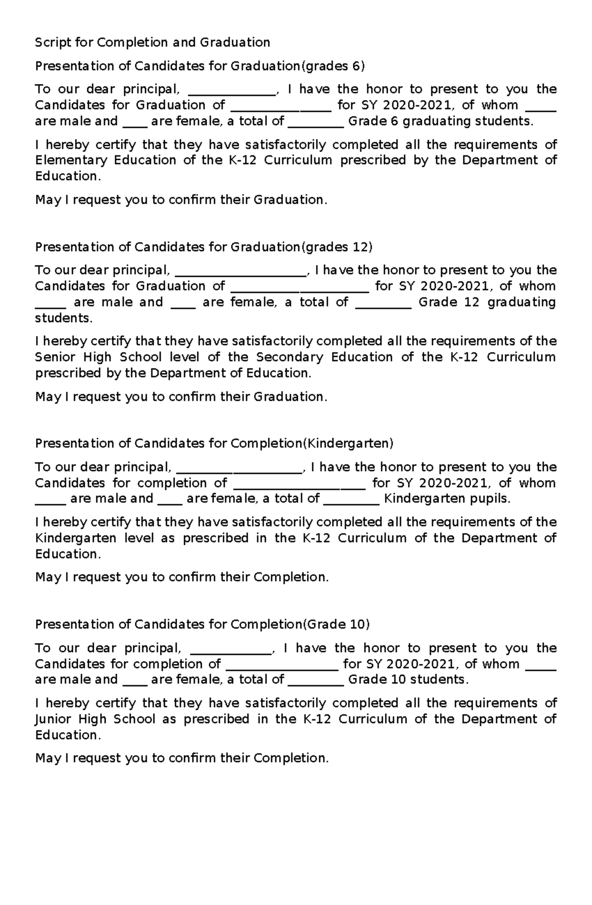 510228967 Graduation & Completion Script for SY 2020-2021 - Studocu