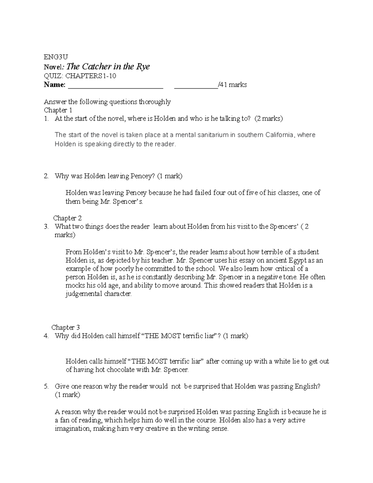 The Catcher In The Rye ENG3U Quiz Chapters 1-10 Answers - Studocu