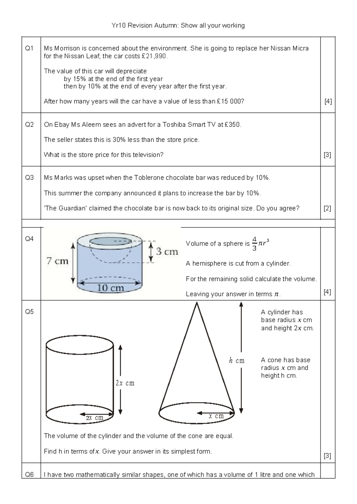 Yr10 Revision Autumn 2021: Working Through Key Math Problems - Studocu