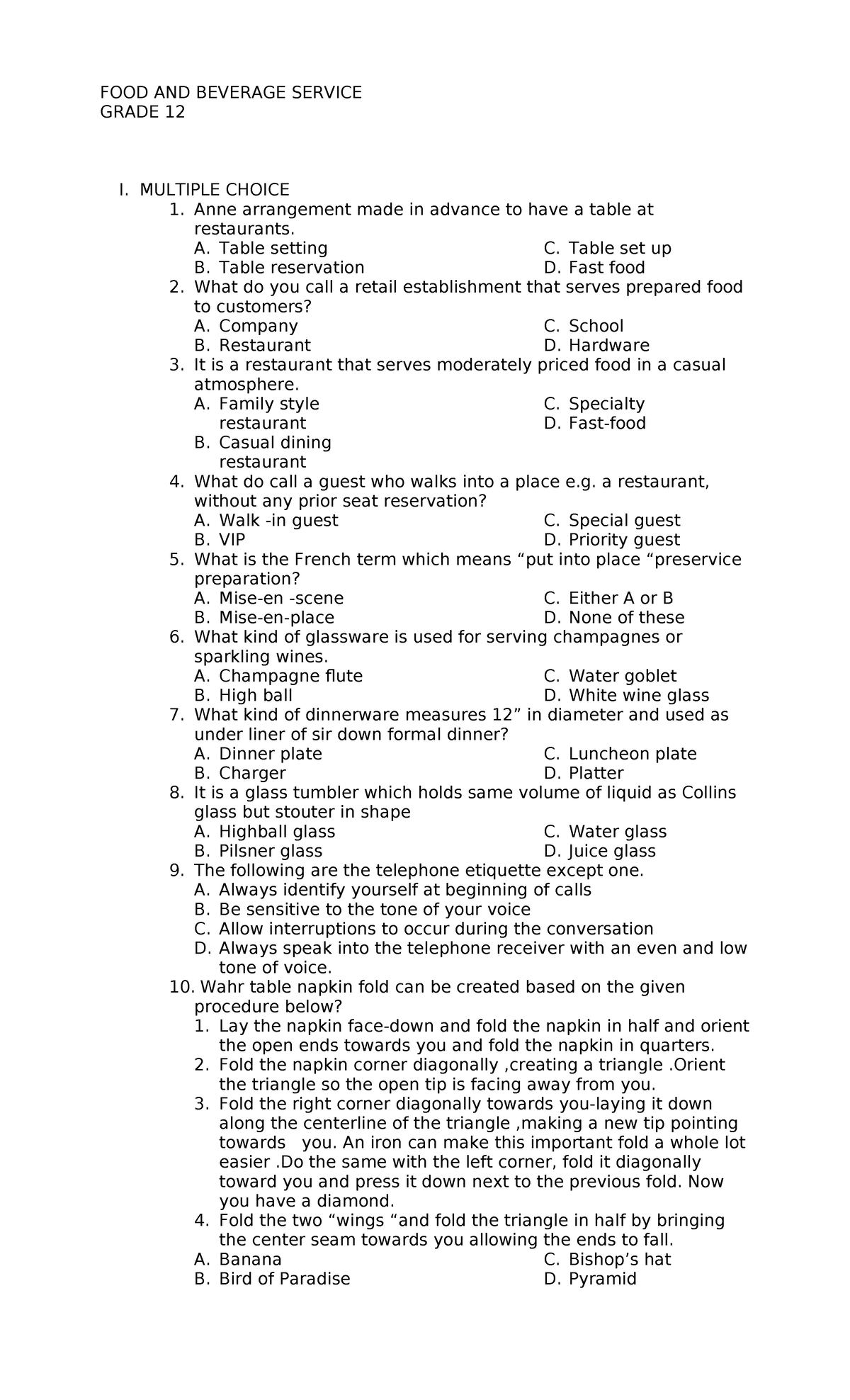FBS GRADE 12 EXIT EXAM: FOOD & BEVERAGE SERVICE MCQs - Studocu