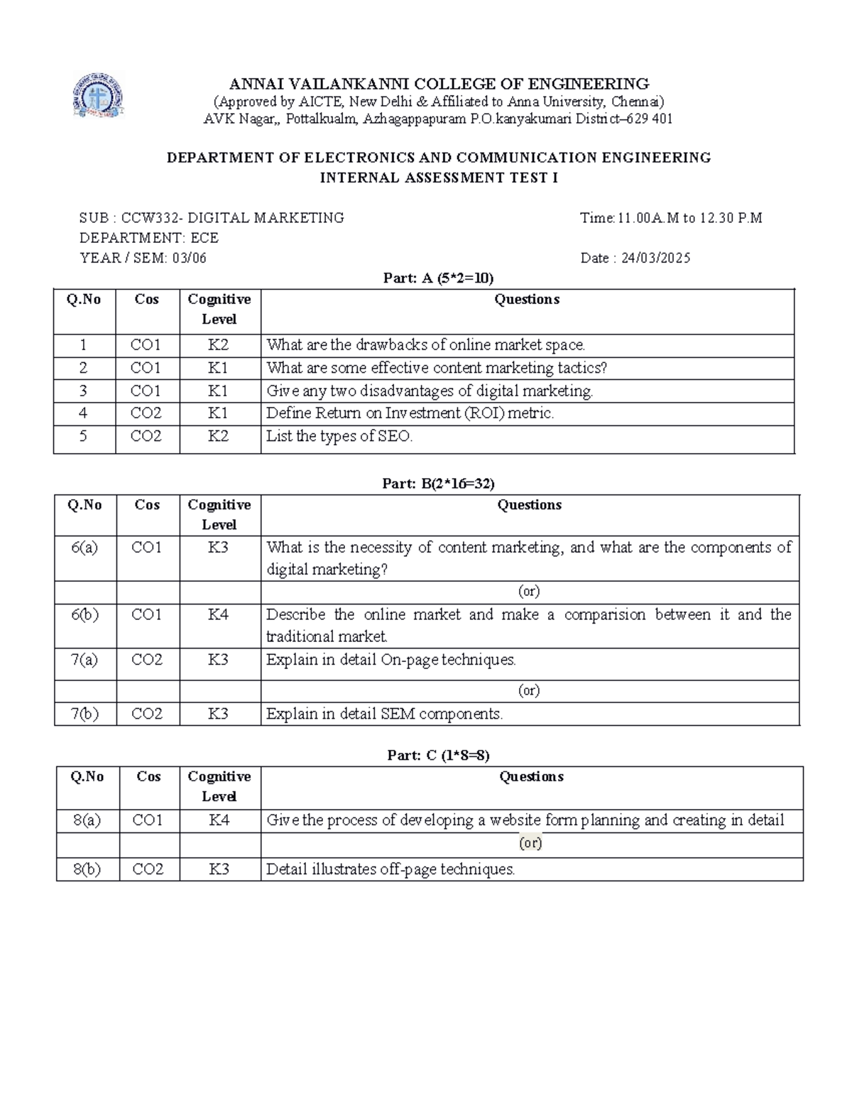 Digital Marketing Internal Assessment Test I - ECE 401 - Studocu