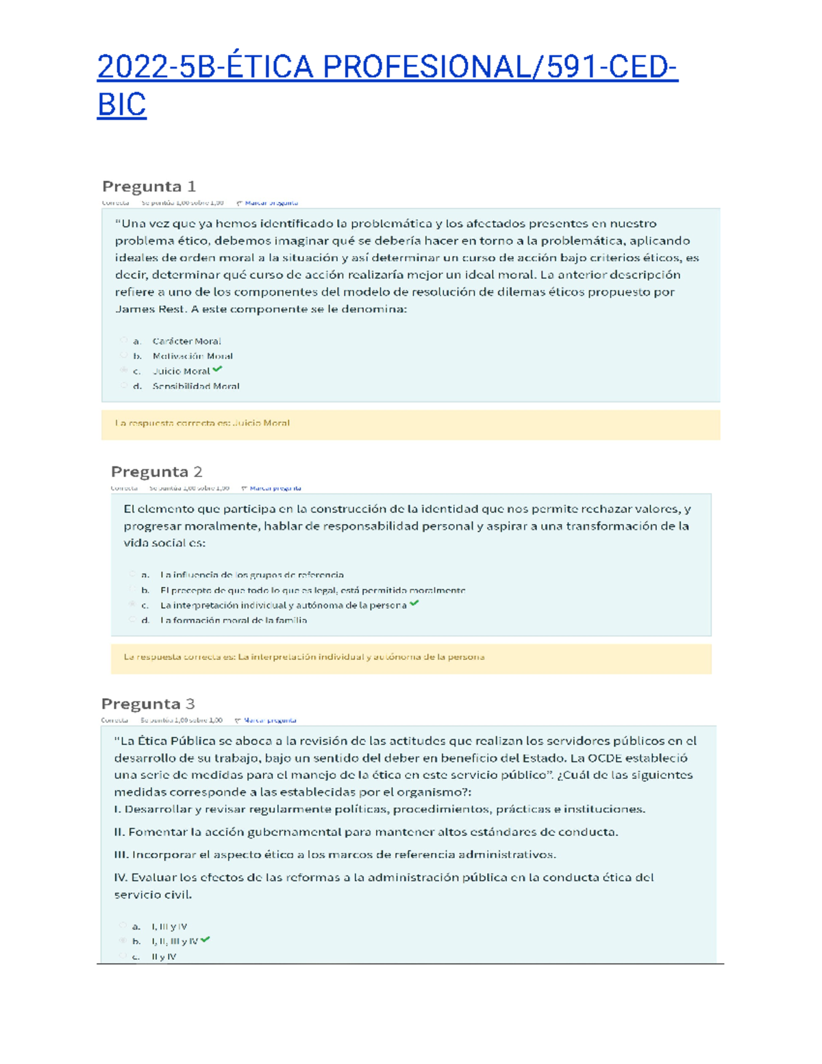 Examen de Ética BIC: Preguntas y Respuestas Clave - Studocu