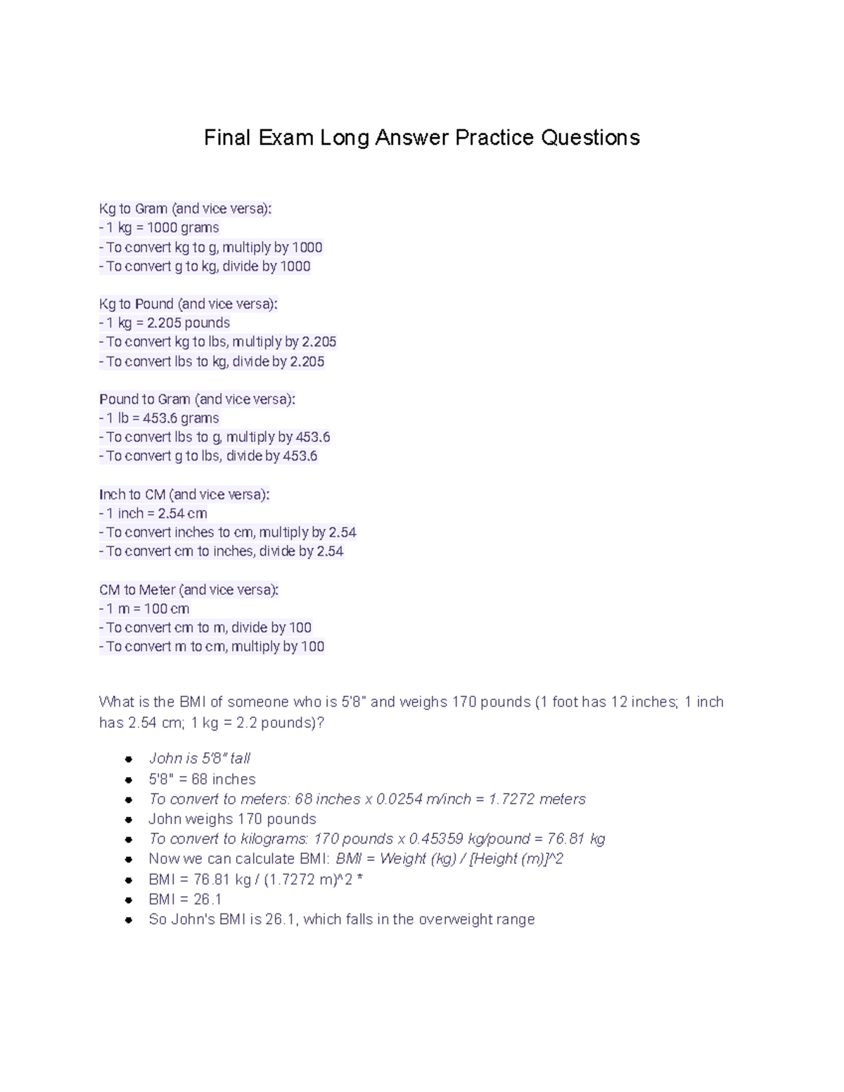 NUTR 100 - Final Exam Long Answer Practice Questions & Key Concepts ...