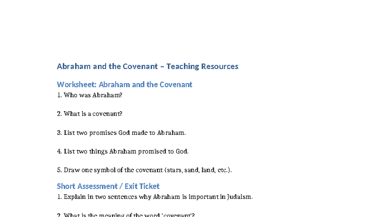 Abraham and the Covenant Teaching Resources Worksheet - Studocu