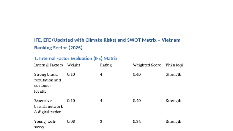IFE, EFE, and SWOT Analysis of Vietnam Banking Sector (2025) - Studocu