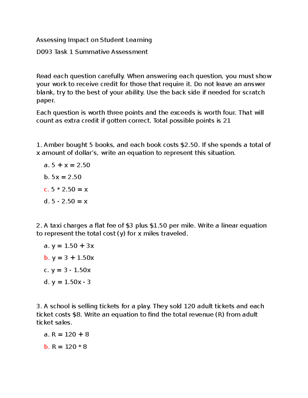 Summative Assessment D093 - Assessing Impact on Student Learning D093 Task 1 Summative ...