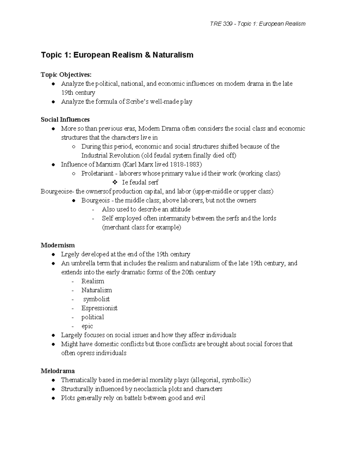 European Realism & Naturalism: Student Notes for Course ENG 101 - Studocu