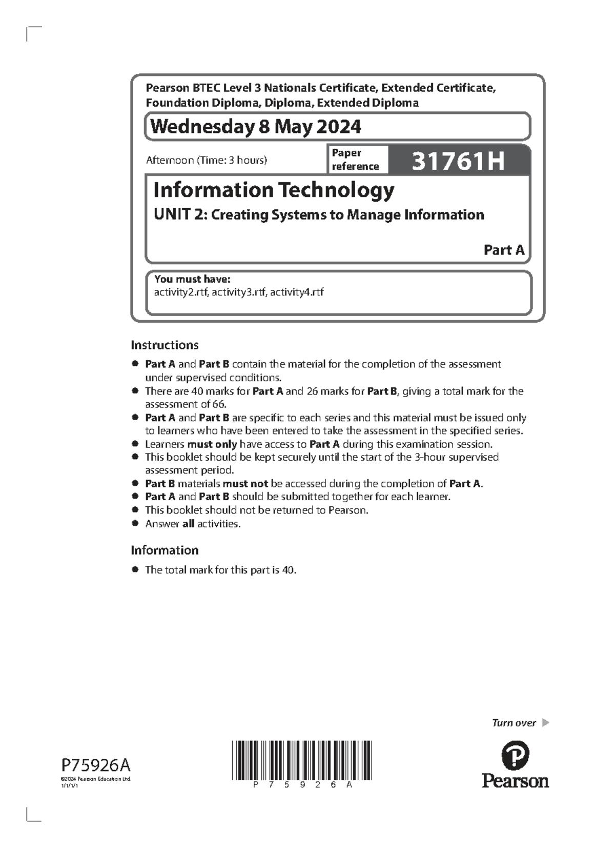 IT31761H BTEC Level 3 Nationals Unit 2: Creating Systems to Manage Info - Part A - Studocu