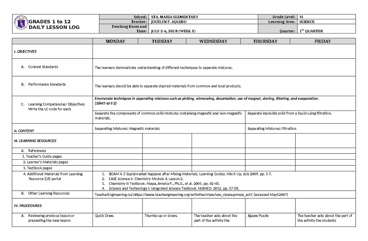 GRADES 1-12 DAILY LESSON LOG: SEPARATING MIXTURES (WEEK 5) - Studocu