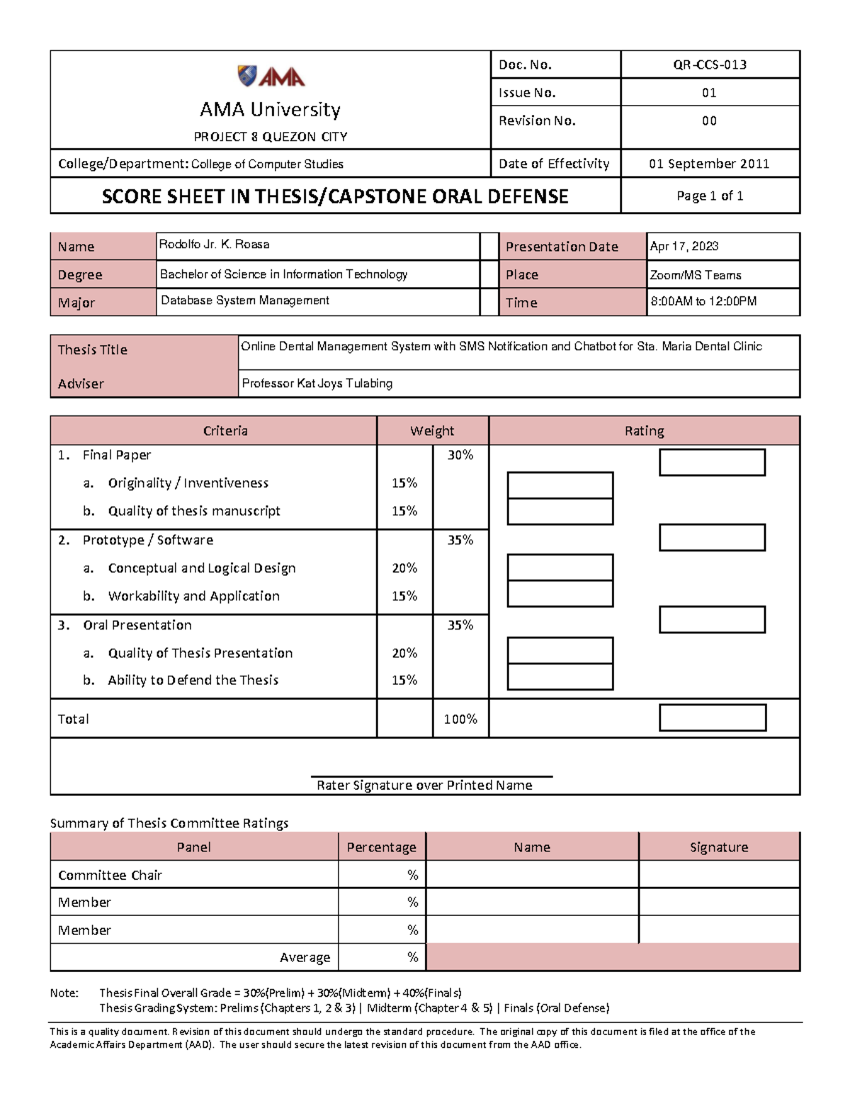 Roasa IT Capstone Thesis Oral Defense Grade Sheet (BSCS) - Studocu