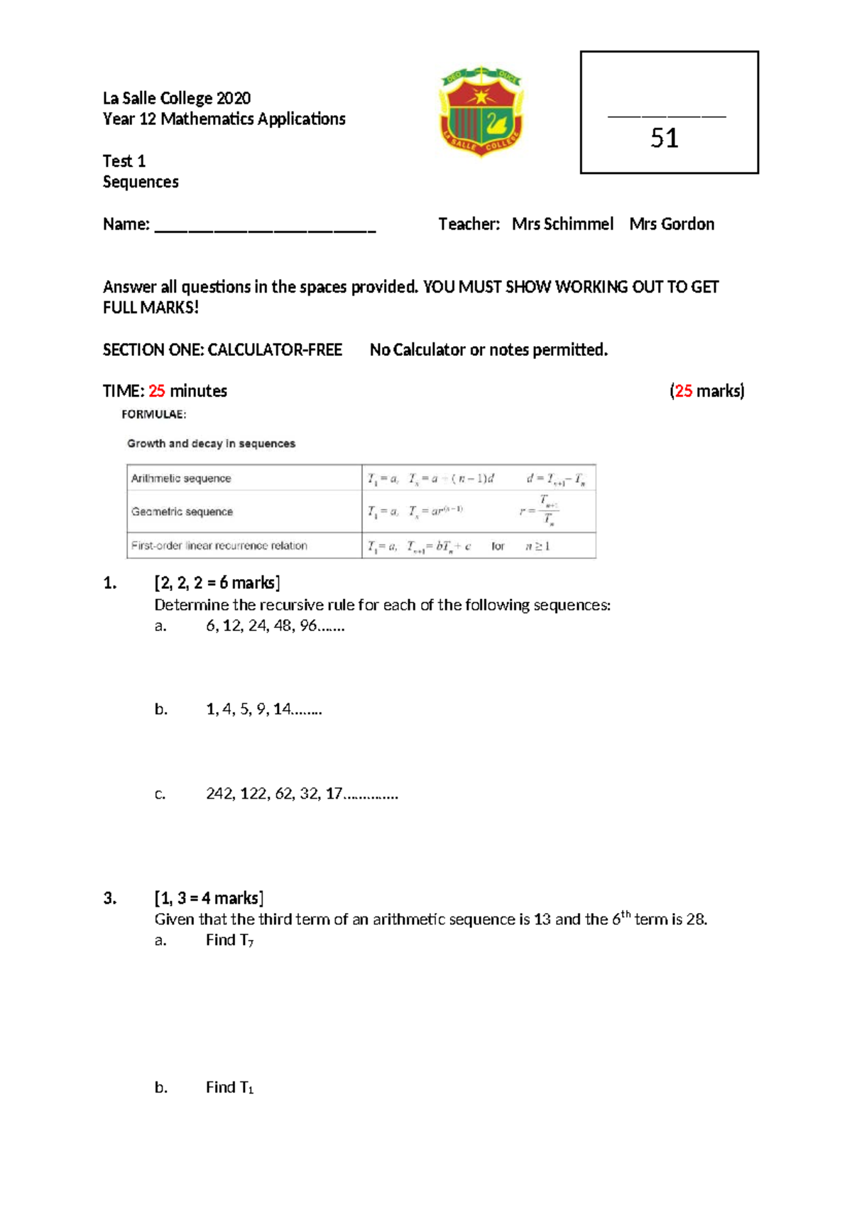 2020 Year 12 Mathematics Applications Test 1 - Sequences - Studocu