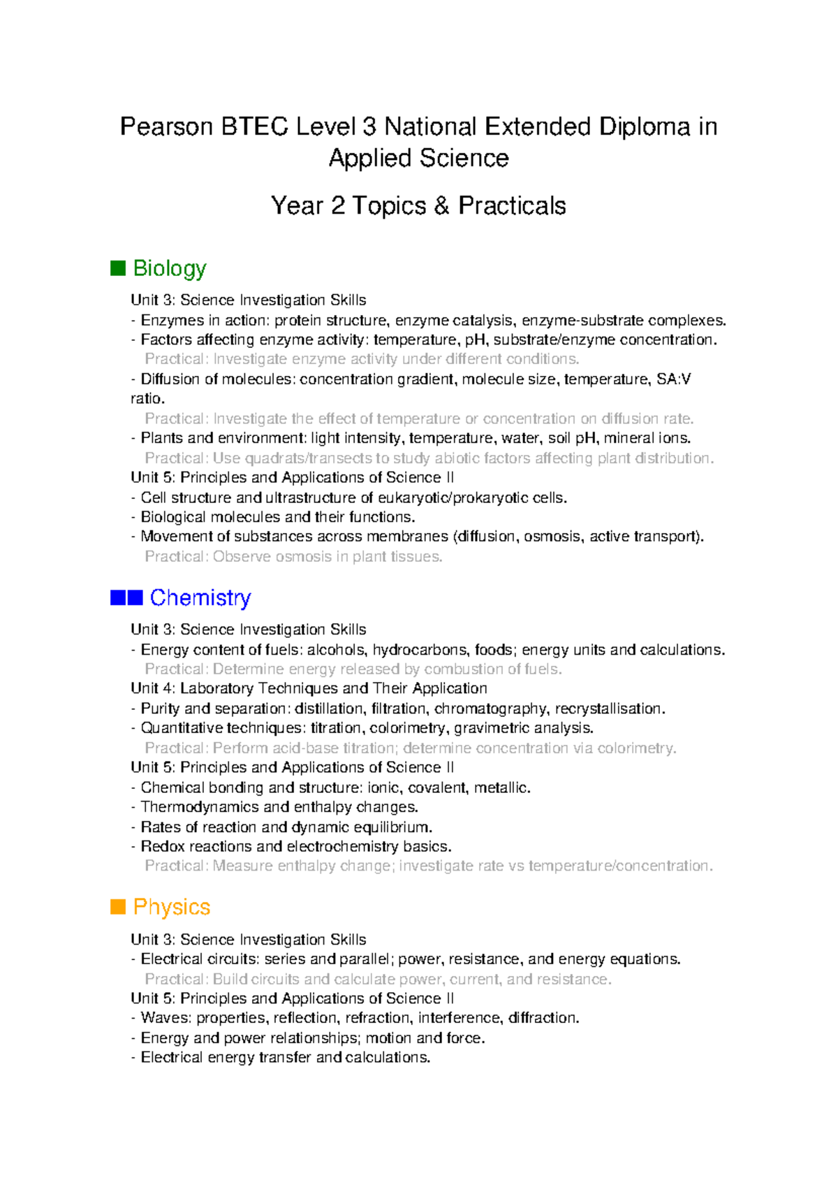 BTEC Level 3 Applied Science Year 2: Practical Topics & Skills - Studocu
